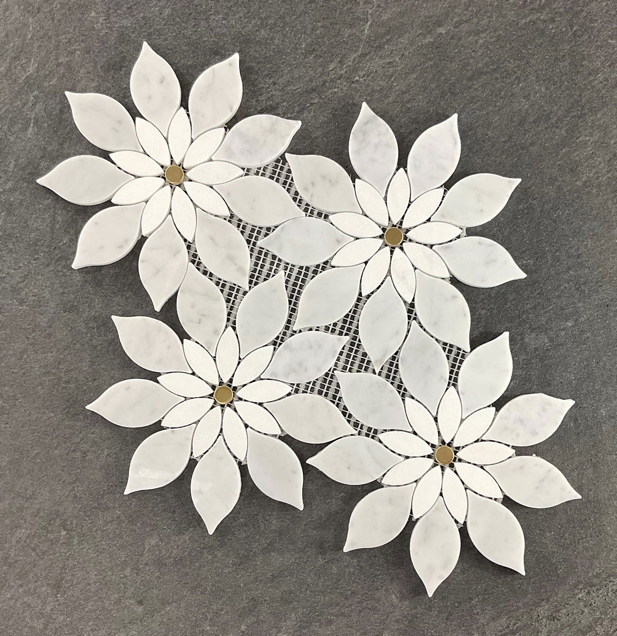 White Carrara and Gold Metal - Flowers Pattern Marble Novelty Mosaic W ...