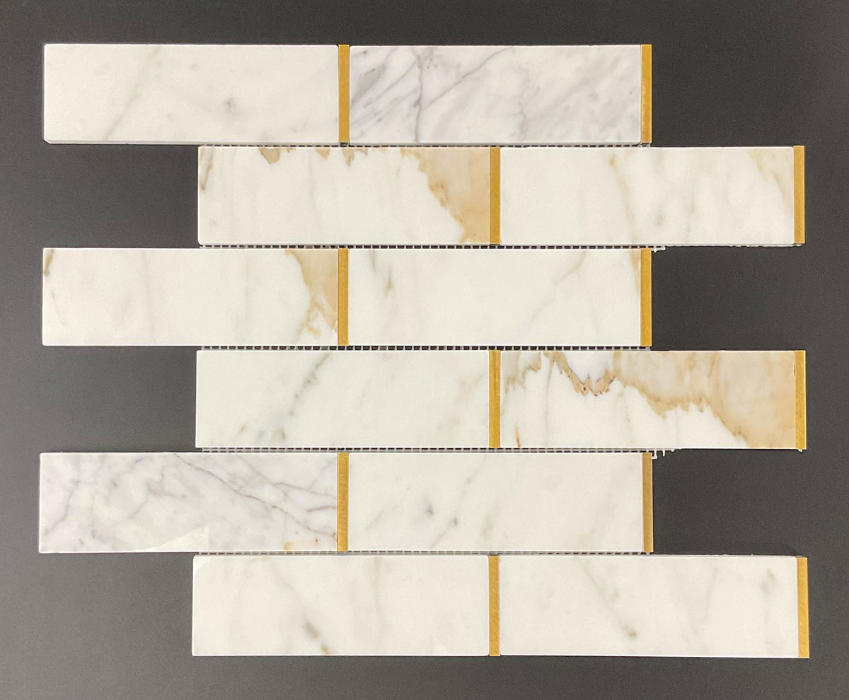 Calacatta and Gold Metal 2" x 6" Marble Wall & Floor Mosaic Tiles ...