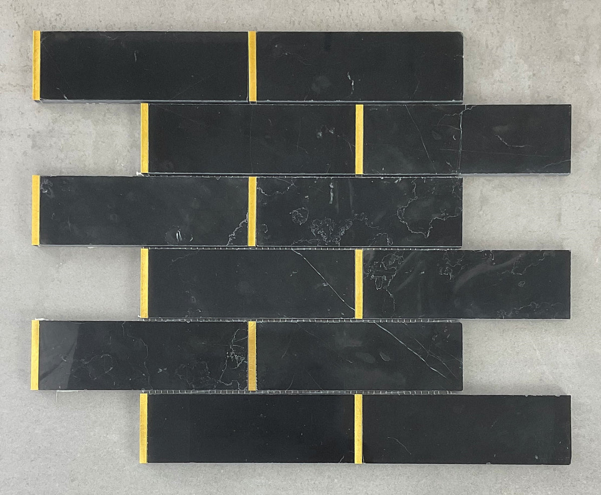 Nero Marquina and Gold Metal 2" x 6" Wall & Floor Mosaic Tiles– Mosaic ...