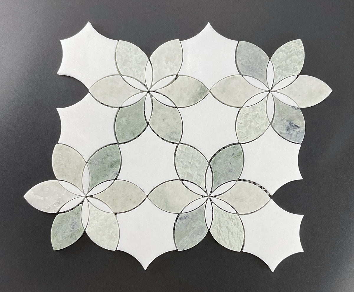 Water Jet - Ming Green and Thassos White Daisy Flower Pattern Mosaic W ...