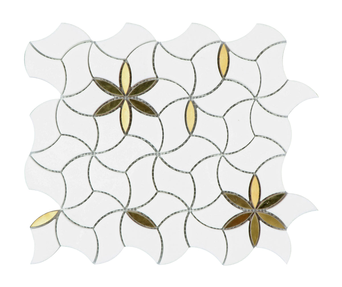 Blossom Thassos White Marble and Gold Metal Waterjet Mosaic Wall and F ...
